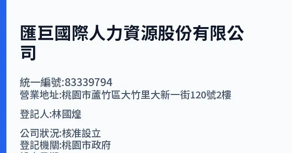 匯巨國際人力資源股份有限公司的照片-統編 83339794(桃園市) 公司登記資料與營業項目詳細圖表