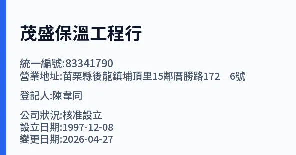 茂盛保溫工程行的照片-統編 83341790(苗栗縣) 公司登記資料與營業項目詳細圖表