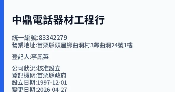 中鼎電話器材工程行的照片-統編 83342279(苗栗縣) 公司登記資料與營業項目詳細圖表