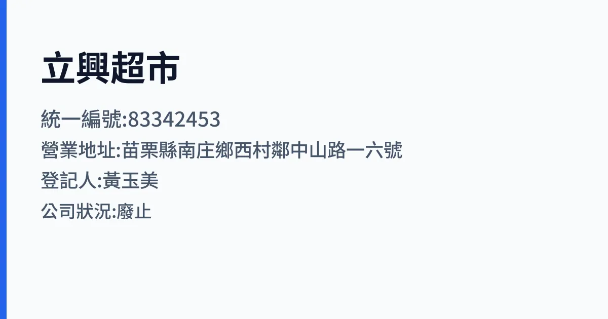 立興超市 - 統編 83342453(苗栗縣) 公司登記資料與營業項目詳細圖表