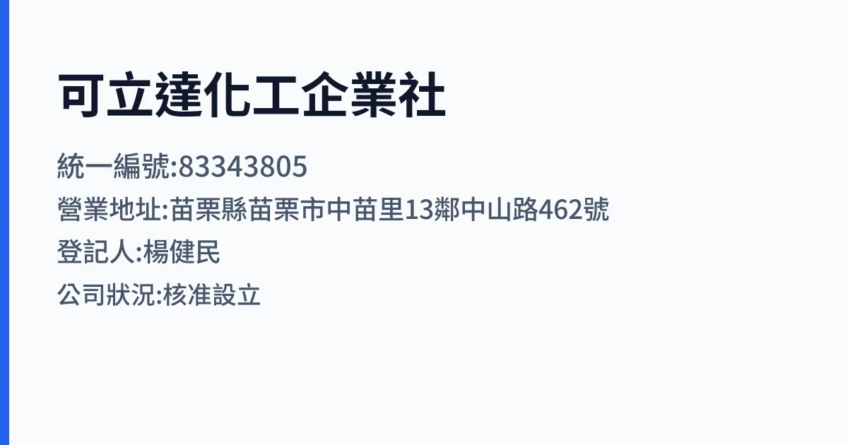 可立達化工企業社 - 統編 83343805(苗栗縣) 公司登記資料與營業項目詳細圖表