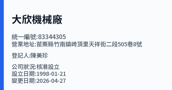 大欣機械廠的照片-統編 83344305(苗栗縣) 公司登記資料與營業項目詳細圖表