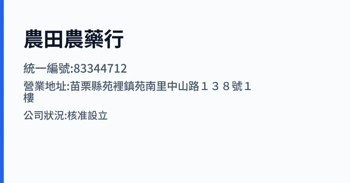 農田農藥行 - 統編 83344712(苗栗縣) 公司登記資料與營業項目詳細圖表
