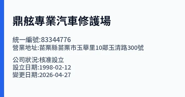 鼎舷專業汽車修護場的照片-統編 83344776(苗栗縣) 公司登記資料與營業項目詳細圖表