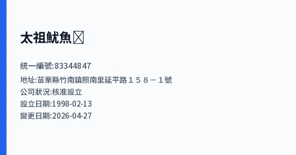 太祖魷魚焿的照片-統編 83344847(苗栗縣) 公司登記資料與營業項目詳細圖表