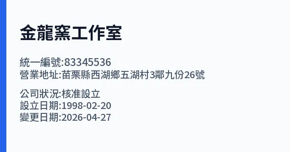 金龍窯工作室的照片-統編 83345536(苗栗縣) 公司登記資料與營業項目詳細圖表