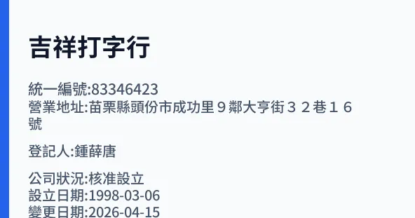 吉祥打字行的照片-統編 83346423(苗栗縣) 公司登記資料與營業項目詳細圖表