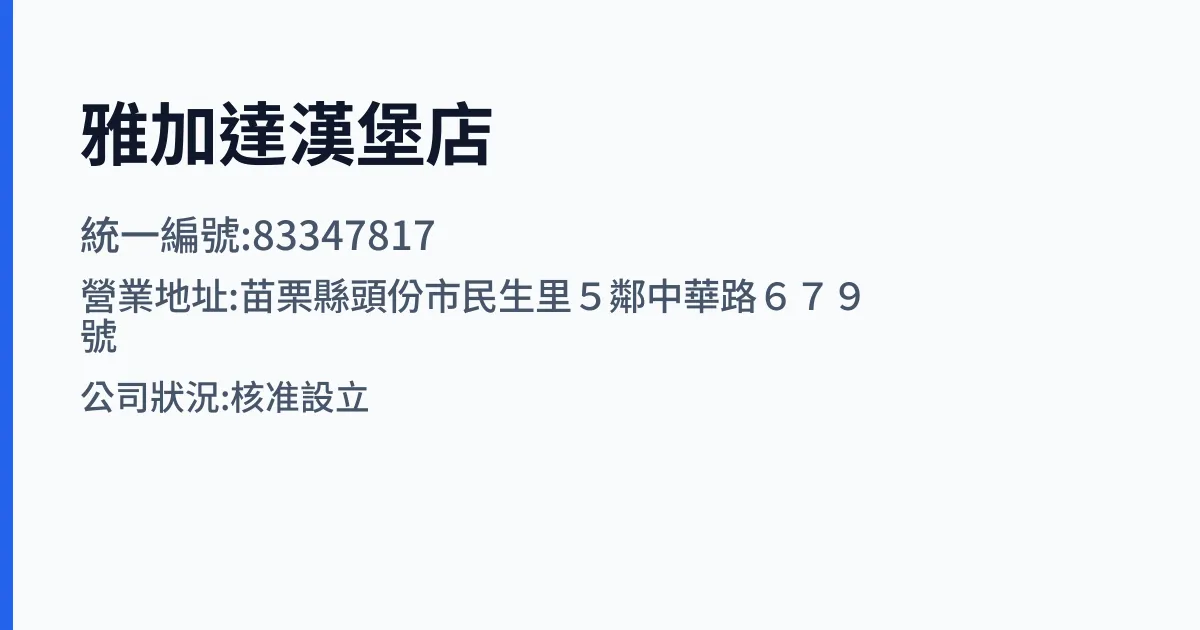 雅加達漢堡店 - 統編 83347817(苗栗縣) 公司登記資料與營業項目詳細圖表