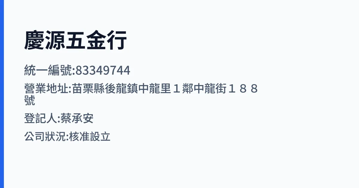 慶源五金行 - 統編 83349744(苗栗縣) 公司登記資料與營業項目詳細圖表