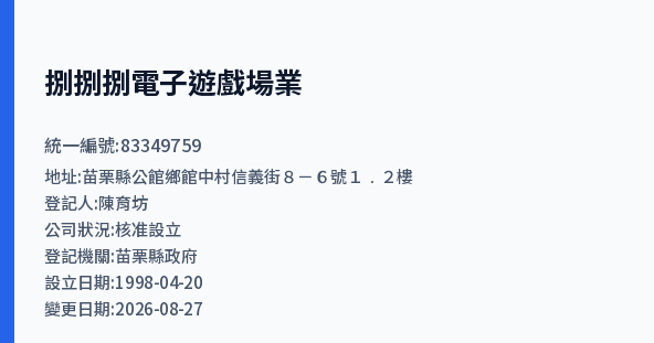捌捌捌電子遊戲場業的照片-統編 83349759(苗栗縣) 公司登記資料與營業項目詳細圖表
