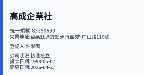 高成企業社的照片-統編 83350690(苗栗縣) 公司登記資料與營業項目詳細圖表