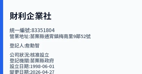 財利企業社的照片-統編 83351804(苗栗縣) 公司登記資料與營業項目詳細圖表