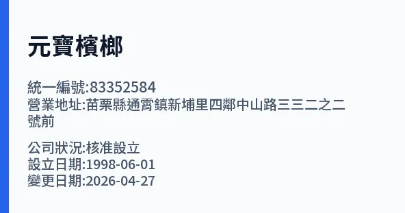 元寶檳榔的照片-統編 83352584(苗栗縣) 公司登記資料與營業項目詳細圖表