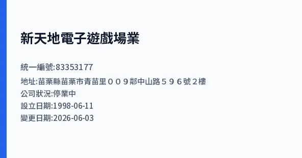 新天地電子遊戲場業的照片-統編 83353177(苗栗縣) 公司登記資料與營業項目詳細圖表