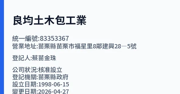 良均土木包工業的照片-統編 83353367(苗栗縣) 公司登記資料與營業項目詳細圖表