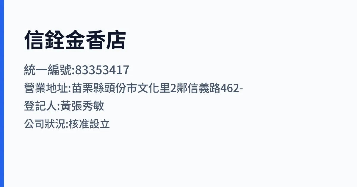 信銓金香店 - 統編 83353417(苗栗縣) 公司登記資料與營業項目詳細圖表