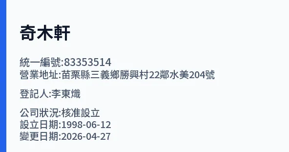 奇木軒的照片-統編 83353514(苗栗縣) 公司登記資料與營業項目詳細圖表
