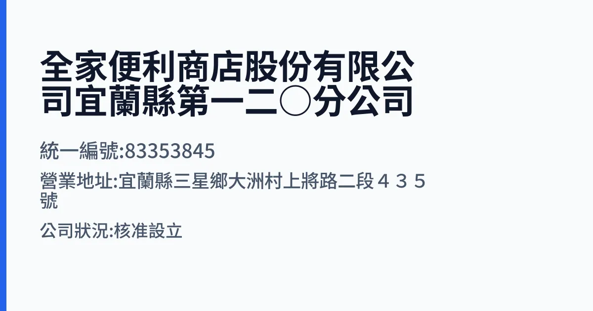全家便利商店股份有限公司宜蘭縣第一二○分公司 - 統編 83353845(宜蘭縣) 公司登記資料與營業項目詳細圖表