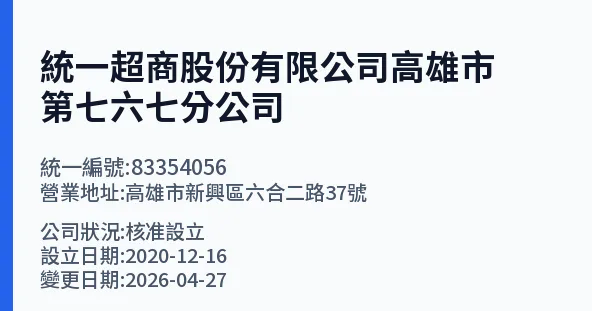 統一超商股份有限公司高雄市第七六七分公司的照片-統編 83354056(高雄市) 公司登記資料與營業項目詳細圖表