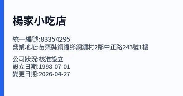 楊家小吃店的照片-統編 83354295(苗栗縣) 公司登記資料與營業項目詳細圖表