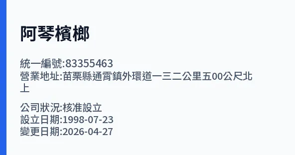 阿琴檳榔的照片-統編 83355463(苗栗縣) 公司登記資料與營業項目詳細圖表
