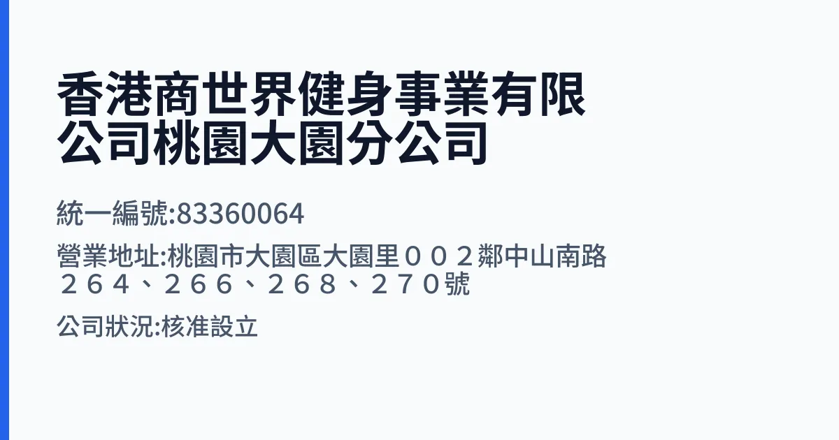 香港商世界健身事業有限公司桃園大園分公司 - 統編 83360064(桃園市) 公司登記資料與營業項目詳細圖表