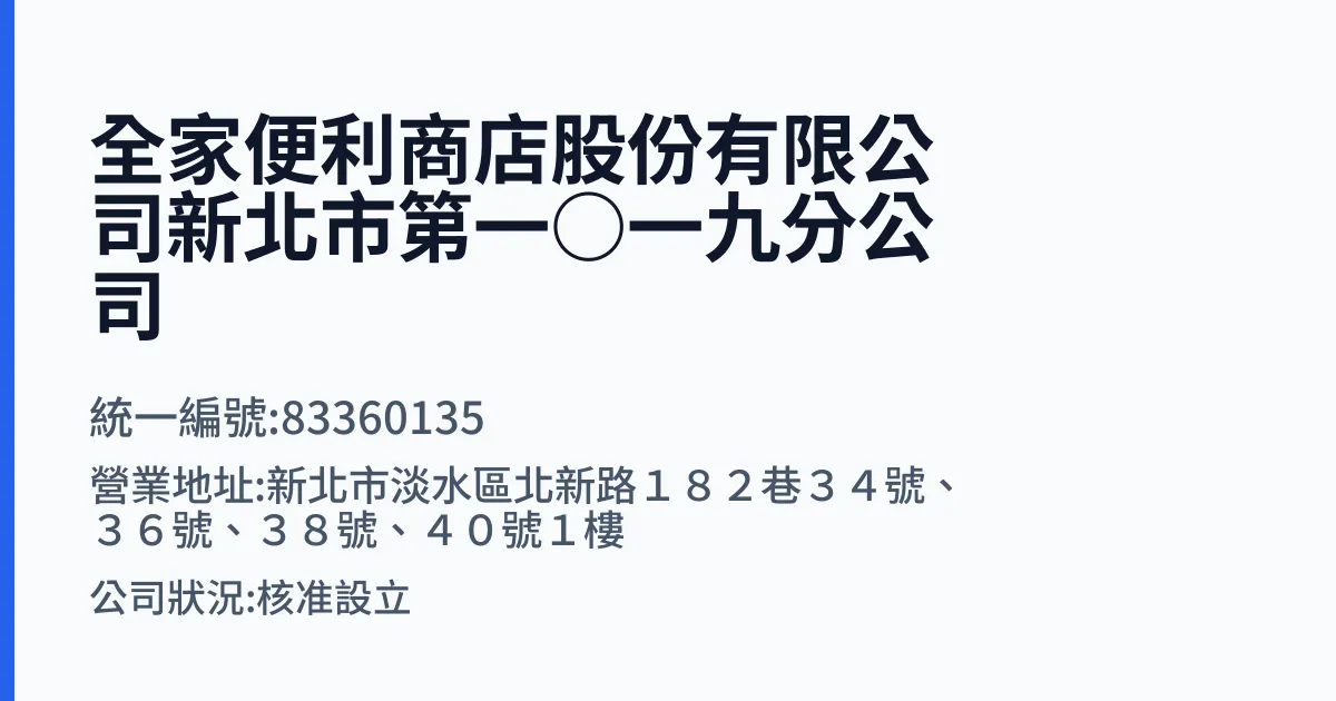 全家便利商店股份有限公司新北市第一○一九分公司 - 統編 83360135(新北市) 公司登記資料與營業項目詳細圖表