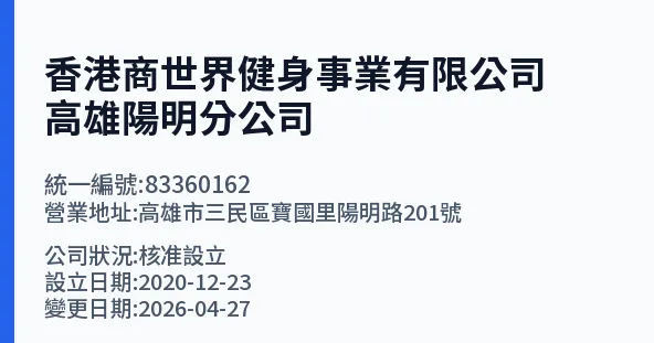 香港商世界健身事業有限公司高雄陽明分公司的照片-統編 83360162(高雄市) 公司登記資料與營業項目詳細圖表