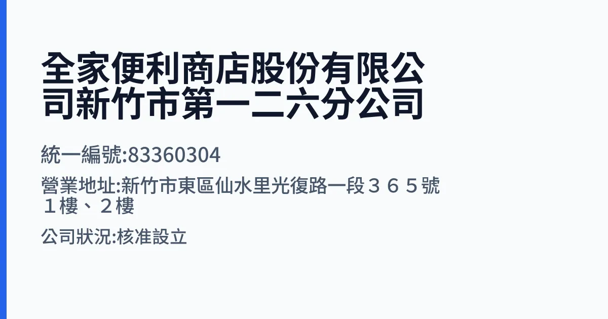 全家便利商店股份有限公司新竹市第一二六分公司 - 統編 83360304(新竹市) 公司登記資料與營業項目詳細圖表