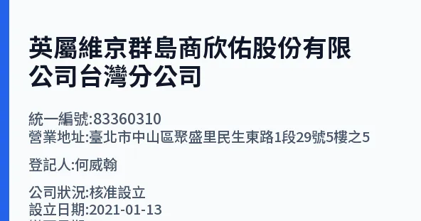 英屬維京群島商欣佑股份有限公司台灣分公司的照片-統編 83360310(臺北市) 公司登記資料與營業項目詳細圖表