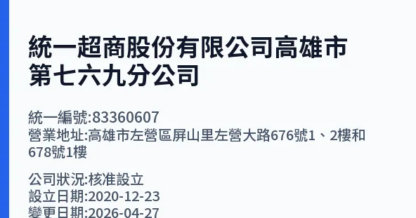 統一超商股份有限公司高雄市第七六九分公司的照片-統編 83360607(高雄市) 公司登記資料與營業項目詳細圖表