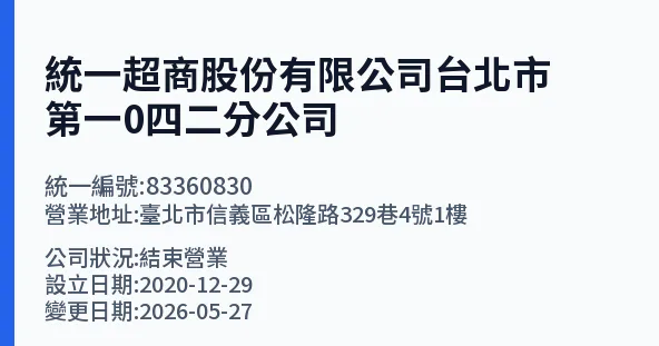 統一超商股份有限公司台北市第一0四二分公司的照片-統編 83360830(臺北市) 公司登記資料與營業項目詳細圖表