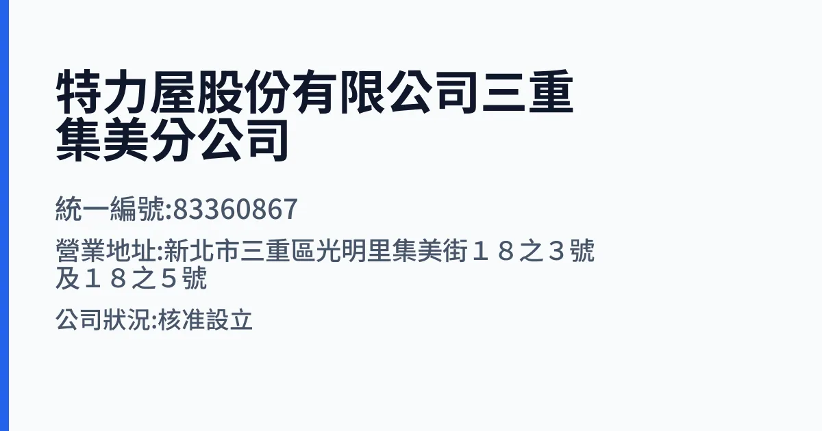 特力屋股份有限公司三重集美分公司 - 統編 83360867(新北市) 公司登記資料與營業項目詳細圖表