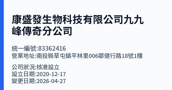 康盛發生物科技有限公司九九峰傳奇分公司的照片-統編 83362416(南投縣) 公司登記資料與營業項目詳細圖表
