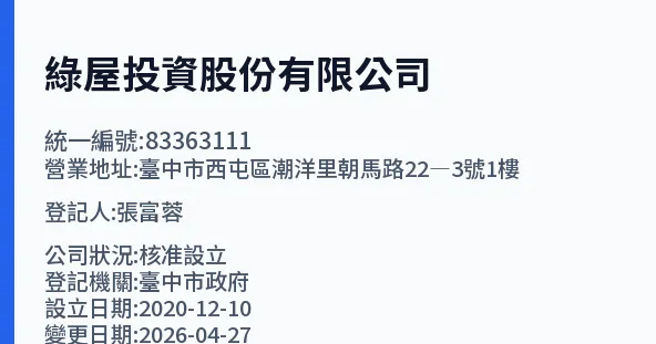 綠屋投資股份有限公司的照片-統編 83363111(臺中市) 公司登記資料與營業項目詳細圖表