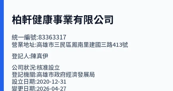 柏軒健康事業有限公司的照片-統編 83363317(高雄市) 公司登記資料與營業項目詳細圖表