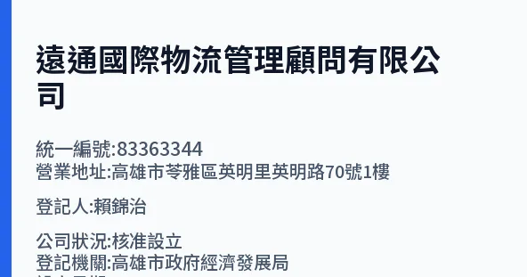 遠通國際物流管理顧問有限公司的照片-統編 83363344(高雄市) 公司登記資料與營業項目詳細圖表