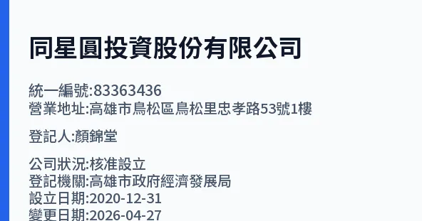 同星圓投資股份有限公司的照片-統編 83363436(高雄市) 公司登記資料與營業項目詳細圖表