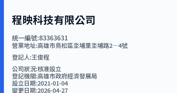 程映科技有限公司的照片-統編 83363631(高雄市) 公司登記資料與營業項目詳細圖表