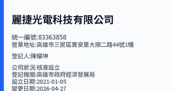 麗捷光電科技有限公司的照片-統編 83363858(高雄市) 公司登記資料與營業項目詳細圖表