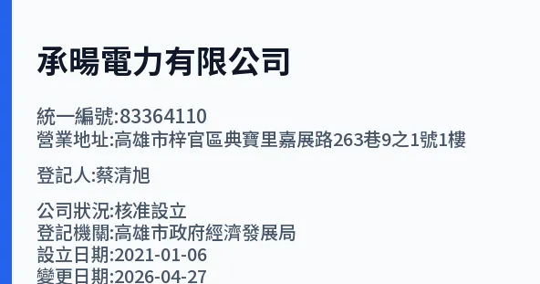 承暘電力有限公司的照片-統編 83364110(高雄市) 公司登記資料與營業項目詳細圖表