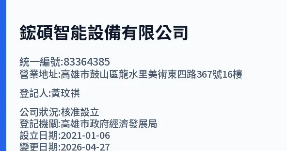 鋐碩智能設備有限公司的照片-統編 83364385(高雄市) 公司登記資料與營業項目詳細圖表