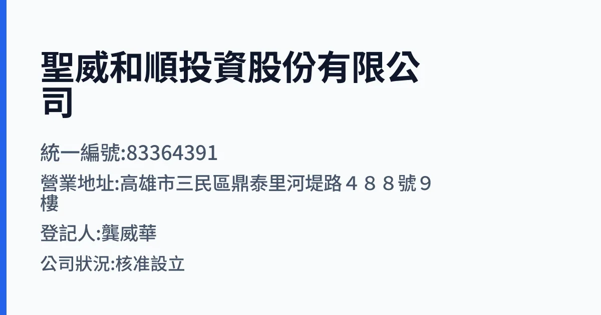 聖威和順投資股份有限公司 - 統編 83364391(高雄市) 公司登記資料與營業項目詳細圖表