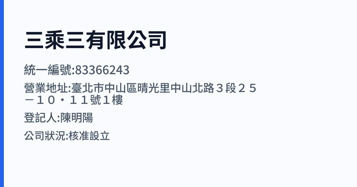 三乘三有限公司 - 統編 83366243(臺北市) 公司登記資料與營業項目詳細圖表