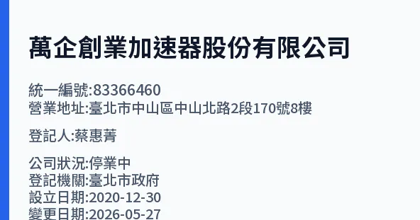 萬企創業加速器股份有限公司的照片-統編 83366460(臺北市) 公司登記資料與營業項目詳細圖表