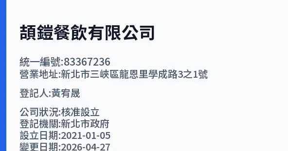 頡鎧餐飲有限公司的照片-統編 83367236(新北市) 公司登記資料與營業項目詳細圖表