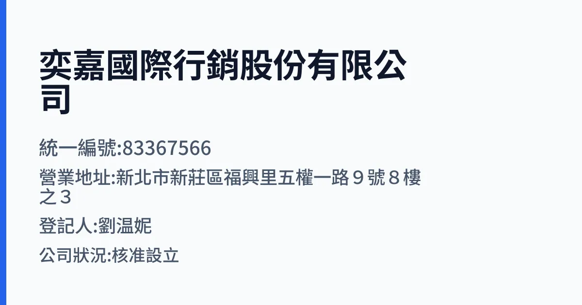 奕嘉國際行銷股份有限公司 - 統編 83367566(新北市) 公司登記資料與營業項目詳細圖表