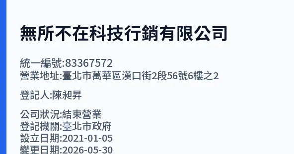 無所不在科技行銷有限公司的照片-統編 83367572(臺北市) 公司登記資料與營業項目詳細圖表