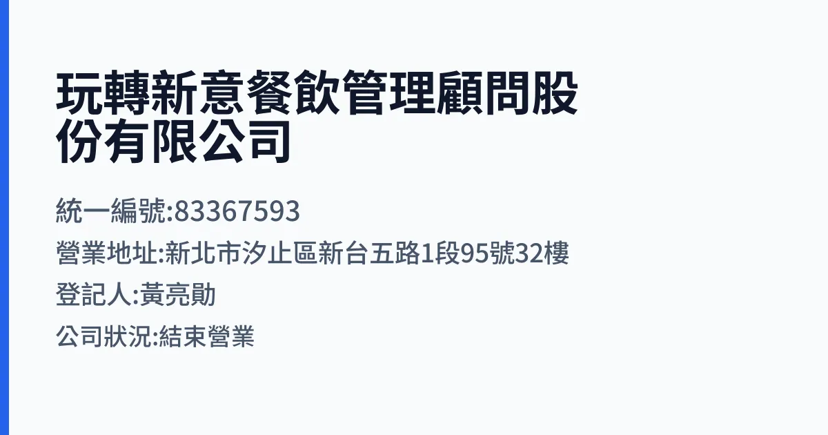 玩轉新意餐飲管理顧問股份有限公司 - 統編 83367593(新北市) 公司登記資料與營業項目詳細圖表