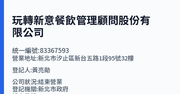 玩轉新意餐飲管理顧問股份有限公司的照片-統編 83367593(新北市) 公司登記資料與營業項目詳細圖表